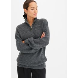 bonprix Damen Troyer, grau, Gr. 32, unifarben, Obermaterial: 86% Polyacryl, 8% Polyester, 6% Polyamid, Pullover, aus Ajourstrick, mit Stehkragen,