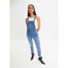bonprix Damen Jeanslatzhose, blau, Gr. 56, Obermaterial: 76% Baumwolle, 16% Polyester, 7% Viskose, 1% Elasthan, Jeans, lockerer loose fit, mit