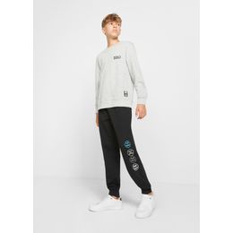 bonprix M&auml;dchen Jogginghose, schwarz, Gr. 140, Obermaterial: 60% Baumwolle, 40% Polyester, Hosen, aus Baumwoll-Mix, Regular Fit, mit Smiley Motiv