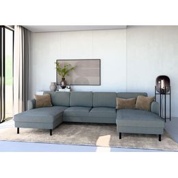 Wohnlandschaft Home Affaire "Booster II, whlw. mit Schlaffunktion & Bettkasten, Fu&szlig; schwarz", grau (grannit grau), B:305cm H:83cm T:161cm, 88% Polyester, 12% Nylon, Sofas, Wohnlandschaft, Sofa in U-Form, Breite 305 cm, in Cord oder Struktur LEO o. LINO