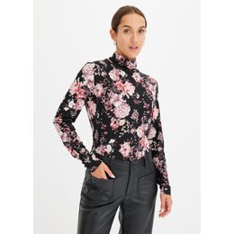 Langarmshirt bonprix "Langarmshirt aus softem Viskose-Mix", Damen, Gr. 48/50 (XL), schwarz (schwarz gebl&uuml;mt), Obermaterial: 95% Viskose, 5% Elasthan, schmal, Shirts Langarmshirt, schmale Passform, mit floralem Print, mit Stehkragen