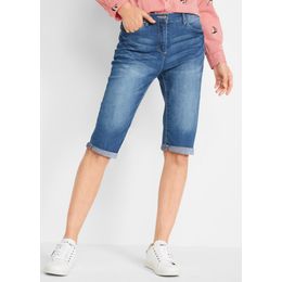 Bermudas bonprix "Jeans Bermuda Mid Waist mit gekrempeltem Saum", Damen, Gr. 54, N-Gr, blau (blau denim), Obermaterial: 82% Baumwolle, 17% Polyester, 1% Elasthan, regular fit, Hosen Bermudas, aus Stretchstoff, mit Knopf- und Zipperverschluss, Regular Fit