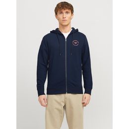 Jack & Jones Kapuzensweatjacke JACK & JONES "JJSIMON Hoodie mit Rei&szlig;verschluss und hohem Baumwollanteil", Damen, Gr. S, blau (sky captain), angeraute Sweatware, Obermaterial: 60% Baumwolle, 40% Polyester, bedruckt, normal, Rippb&uuml;ndchen, Sweatjacken, bedruckt, modisch, regular fit, Baumwollmischung, Kapuze