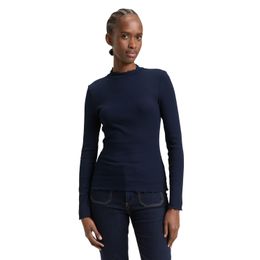 Langarmshirt Tom Tailor Denim, Damen, Gr. L, sky captain blau, Single Jersey, Obermaterial: 93% Baumwolle, 7% Elasthan, unifarben, schmal h&uuml;ftbedeckend, Rundhals, R&uuml;schen, Shirts Langarmshirt, in Ripp-Optik
