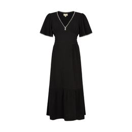 Midikleid RAFFYA "Delilah V-Neck Front Tie Midi Dress Damen", Damen, Gr. 42, Normalgr&ouml;&szlig;en, schwarz, 100% Baumwolle, Kleider Midikleid