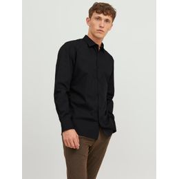 Jack & Jones Langarmhemd JACK & JONES "JJJOE SHIRT LS PLAIN", Herren, Gr. S, N-Gr, schwarz, Web, Obermaterial: 65% Polyester, 35% Baumwolle, unifarben, slim fit normal, 2-Knopf-Manschette, Hemden