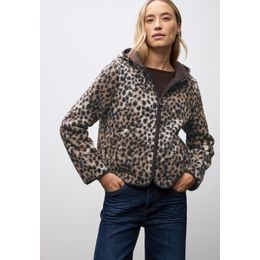 Street One Damen Kapuzenpl&uuml;schjackesanded beige, Gr. 44, animal-print, Web, Obermaterial: 100% Polyester, Jacken, mit Leo-Muster
