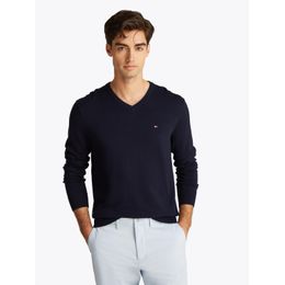 Strickpullover Tommy Hilfiger "ESSENTIAL COTTON V NECK mit V-Ausschnitt und Stickerei", Herren, Gr. XXL, blau (desert sky), Strick, Obermaterial: 100% Baumwolle, V-Ausschnitt, Rippb&uuml;ndchen, Pullover Strickpullover, unifarben, casual, regular fit, Baumwolle, V-Ausschnitt
