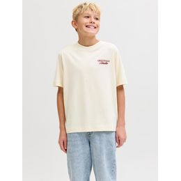 Jack & Jones T-Shirt JACK & JONES JUNIOR "JORNORREBRO TYPO TEE SS CREW NECK SN JNR", Jungen, Gr. 140, antique wei&szlig;, Single Jersey, Obermaterial: 100% Baumwolle, bedruckt, relaxed fit normal, Rundhals, Shirts T-Shirt