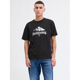 Jack & Jones T-Shirt JACK & JONES "JCOFLARE BRAINDING TEE SS CREW NECK", Herren, Gr. L, schwarz, Jersey, Obermaterial: 100% Baumwolle, bedruckt, regular fit, Rundhals, Shirts T-Shirt