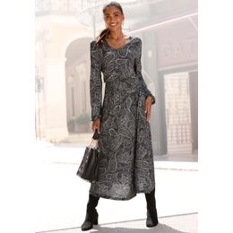 Maxikleid Lascana, Damen, Gr. 36, N-Gr, schwarz-wei&szlig; (schwarz, creme, grau bedruckt), Jersey, Obermaterial: 100% Viskose, Paisley, bedruckt, figurumspielend kn&ouml;chelfrei, V-Ausschnitt, elastischer Bund, Kleider Maxikleid, mit Smok-Einsatz in der Taille