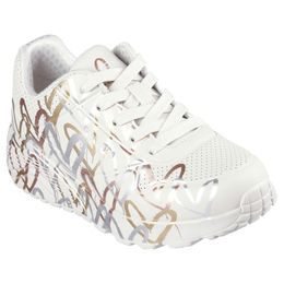 Plateausneaker Skechers "Skechers x JGoldcrown: Uno Lite - Metallic Love", M&auml;dchen, Gr. 34, beige (natur kombiniert), Lederimitat, Schuhe Plateausneaker, Schn&uuml;rschuh, Keilsneaker mit Herzchen im Metallic Look bedruckt