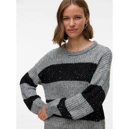 V&eacute;ro Moda Strickpullover VERO MODA "VMSPARKLE LS O-NECK PULLOVER", Damen, Gr. M, medium grau melange detail:with schwarz stripe, silber sequins, Strick, Obermaterial: 67% Polyester, 33% Polyacryl, Glitzerstreifen, regular fit h&uuml;ftlang, Rundhals, Pullover Strickpullover