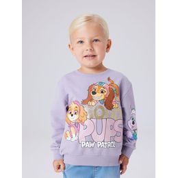Sweatshirt name it "NMFJARA PAW NREG SWEAT BRU NOOS CPLG", M&auml;dchen, Gr. 98, lavender gray, angeraute Sweatware, Obermaterial: 95% Baumwolle, 5% Elasthan, bedruckt, unifarben, Basic normal, Rundhals, Rippb&uuml;ndchen, Sweatshirts Sweatshirt