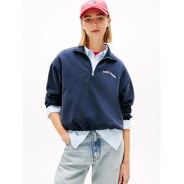 Sweatshirt Tommy Jeans "TJW RLX SH VARSITY 1/4 ZIP", Damen, Gr. L (40), schwarz night navy, Sweatware, Obermaterial: 100% Baumwolle, unifarben, relaxed fit normal, Rundhals, Sweatshirts Sweatshirt, Baumwolle, Relaxed Fit