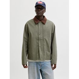Jack & Jones Kurzjacke JACK & JONES "JJEGRAHAM WORKER JACKET SN", Herren, Gr. L, dusty olive, Web, Obermaterial: 97% Baumwolle, 3% Elasthan, unifarben, normal, Jacken Kurzjacke, mit Fly-Away-Kragen