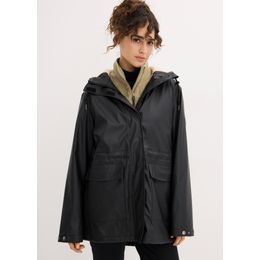 Regenjacke bonprix, Damen, Gr. 48, schwarz, Obermaterial: 100% Polyester. Kapuzenfutter: 100% Polyester. &Auml;rmelfutter: 100% Polyester, unifarben, l&auml;ssig geschnitten, mit Druckkn&ouml;pfen, Jacken Regenjacke, gef&uuml;ttert mit Teddyfutter, wasserdicht, l&auml;ssige Passform