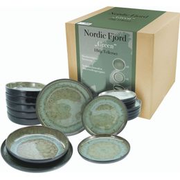 Teller-Set Creatable "Nordic Fjord", gr&uuml;n, 18 Stk., Steinzeug, Geschirr-Sets, je 6 Speiseteller 26 cm, Suppenteller 22,5 cm, Dessertteller 19,5 cm