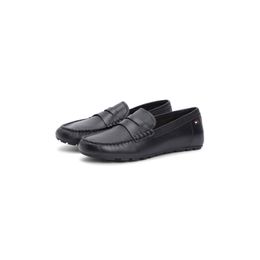Slipper Tommy Hilfiger "FLAG LEATHER DRIVER LOAFER", Damen, Gr. 42, schwarz, Leder, unifarben, Schuhe Slipper, Halbschuh, Schlupfschuh mit modischer Ziersteppung