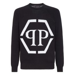 Rundhalspullover Philipp Plein "Rundhalspullover", Herren, Gr. L, 02, schwarz, Obermaterial: 80% Baumwolle, 20% Wolle, Pullover Rundhalspullover