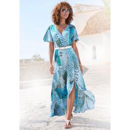 Buffalo Maxikleid blau Gr. 36 f&uuml;r Damen. V-Ausschnitt und Allover-Druck. Figurbetont. Nachhaltig.