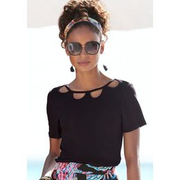 Buffalo Kurzarmshirt schwarz Gr. 40/42 f&uuml;r Damen. Mit Rundhals. Figurumspielend. Nachhaltig.