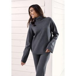 ELBSAND Sweater blau Gr. 44/46 f&uuml;r Damen. Hoch Geschlossener Ausschnitt und Stickerei. Bequem. Nachhaltig.