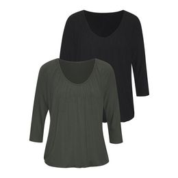 Lascana 3/4-Arm-Shirt 'mit zarter Raffung am Ausschnitt' mehrfarbig Gr. 40/42 f&uuml;r Damen. Mit V-Ausschnitt. Figurumspielend. Nachhaltig.