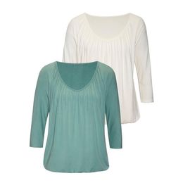 Lascana 3/4-Arm-Shirt 'mit zarter Raffung am Ausschnitt' mehrfarbig Gr. 44/46 f&uuml;r Damen. Mit V-Ausschnitt. Figurumspielend. Nachhaltig.