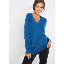 Strickpullover bonprix "Strickpullover mit V-Ausschnitt, Oversized Fit", Damen, Gr. 40/42 (M), blau (polarblau), Strick, Obermaterial: 67% Polyacryl, 30% Polyester, 3% Elasthan, unifarben, bequem normal, V-Ausschnitt, Rippb&uuml;ndchen, Pullover Strickpullover, aus Polyacryl, Polyester und Elasthan, mit Rippb&uuml;ndchen