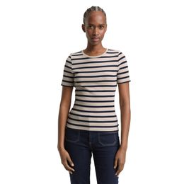 Rundhalsshirt Tom Tailor Denim, Damen, Gr. S, cloud grau navy stripe, Single Jersey, Obermaterial: 93% Baumwolle, 7% Elasthan, gestreift, k&ouml;rpernah h&uuml;ftbedeckend, Rundhals, Shirts Rundhalsshirt, gestreift, Fein-Ripp-Optik