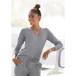 Vivance V-Ausschnitt-Pullover mehrfarbig Gr. 44/46 f&uuml;r Damen. Mit tiefer V-Ausschnitt. Figurbetont. Nachhaltig.
