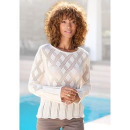 Lascana Ajourpullover goldfarben Gr. 32/34 f&uuml;r Damen. Rundhals und Quasten, Glitzerdetails, Bindeband. Figurumspielend