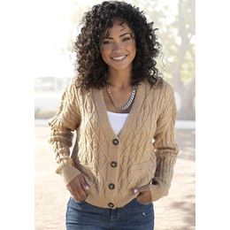 Lascana Strickjacke camelfarben Gr. 44/46 f&uuml;r Damen. Mit V-Ausschnitt. Figurumspielend
