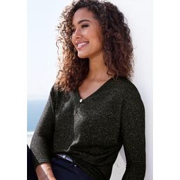Lascana 3/4-Arm-Shirt 'mit Strassknopf in Bl&uuml;tenform' schwarz Gr. 36/38 f&uuml;r Damen. V-Ausschnitt und Zierknopf. Bequem. Nachhaltig.