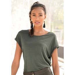Lascana Kurzarmshirt beige Gr. 40/42 f&uuml;r Damen. Mit Rundhals. Figurumspielend. Nachhaltig.