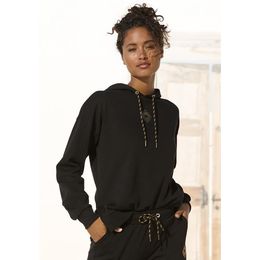 Buffalo Hoodie schwarz Gr. 40/42 f&uuml;r Damen. Mit Druck, Kordel. Loose Fit. Nachhaltig.