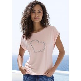 Lascana Kurzarmshirt peach Gr. 40/42 f&uuml;r Damen. Rundhals und Print. Figurumspielend. Nachhaltig.