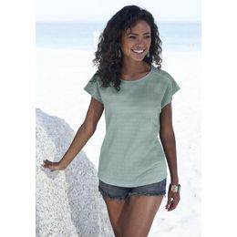 Vivance Kurzarmshirt 'mit dekorativem H&auml;keleinsatz' gr&uuml;n Gr. 36/38 f&uuml;r Damen. Mit Rundhals. Normal. Nachhaltig.
