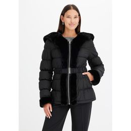 bonprix Damen bonprix Steppjacke mit Kapuze eleganter Look, mit Kapuze und Fellimitat, Winterjacke schwarz 50