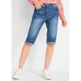 bonprix Damen bonprix Bermudas &raquo;Jeans Bermuda Mid Waist mit gekrempeltem Saum&laquo; aus Stretchstoff, mit Knopf- und Zipperverschluss, Regular Fit blau 56,