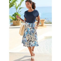 Lascana Damen Lascana Jerseykleid mit Paperbag-Bund und bedrucktem Rock, kurz&auml;rmliges Sommerkleid blau 34, N-Gr