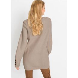 bonprix Damen bonprix Longpullover &raquo;Longpullover mit Kn&ouml;pfen&laquo; aus Polyacryl, Polyester und Elasthan, mit Rundhalsausschnitt beige 40/42 (M)