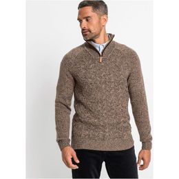 bonprix Herren bonprix Strickpullover &raquo;Troyer-Pullover mit Wolle&laquo; aus Wollmischung, mit Stehkragen, Regular Fit, mit Zopfmuster braun 64 (3XL)