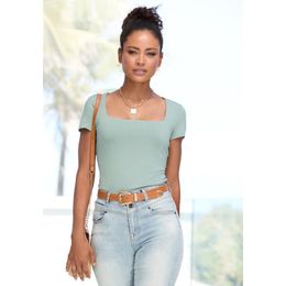 Lascana Damen Lascana T-Shirt aus b&uuml;gelfreiem Material, elegantes Kurzarmshirt, doppellagig gr&uuml;n 32/34