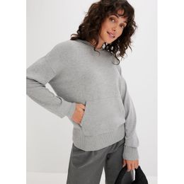 bonprix Damen bonprix Strickpullover aus Viskosemischung, mit Kapuze, mit K&auml;ngurutasche grau 52/54 (XXL)