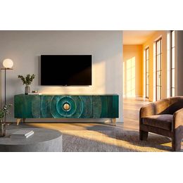 Riess Ambiente Massives TV-Lowboard GOLDEN SUNSET 180cm t&uuml;rkis 3D-Schnitzereien gold Mangoholz Metall Riess-Ambiente Asiatisch Glamour Modern