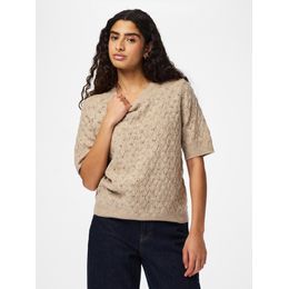 Strickpullover Pieces "PCLELOU SS O-NECK KNIT NOOS BC", Damen, Gr. L, taupe gray detail:melange, Strick, Obermaterial: 65% Polyester, 17% Polyacryl, 10% Nylon, 5% Wolle, 3% Elasthan, meliert, regular fit normal, Rundhals, Pullover Strickpullover, mit Ajourmuster