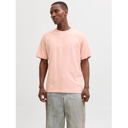 Jack & Jones Kurzarmshirt JACK & JONES "JORNORREBRO EMB TEE SS CREW NECK NOOS", Herren, Gr. L, peach melba, Jersey, Obermaterial: 100% Baumwolle, unifarben, relaxed fit normal, Rundhals, gerader Abschluss, Shirts, mit Logo Print