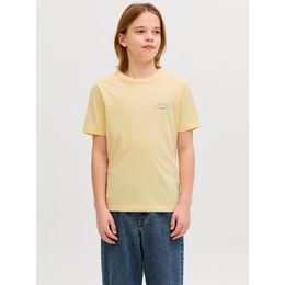 Jack & Jones T-Shirt JACK & JONES JUNIOR "JJCOLLEGE LOGO TEE SS CREW NECK JNR", Jungen, Gr. 128, sunlight, Single Jersey, Obermaterial: 100% Baumwolle, bedruckt, unifarben, regular fit normal, Rundhals, Shirts T-Shirt, mit Logoprint